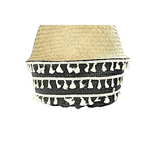 Creative Co-Op Beige & Black Natural Seagrass Collapsible Handles & White Tassels Basket