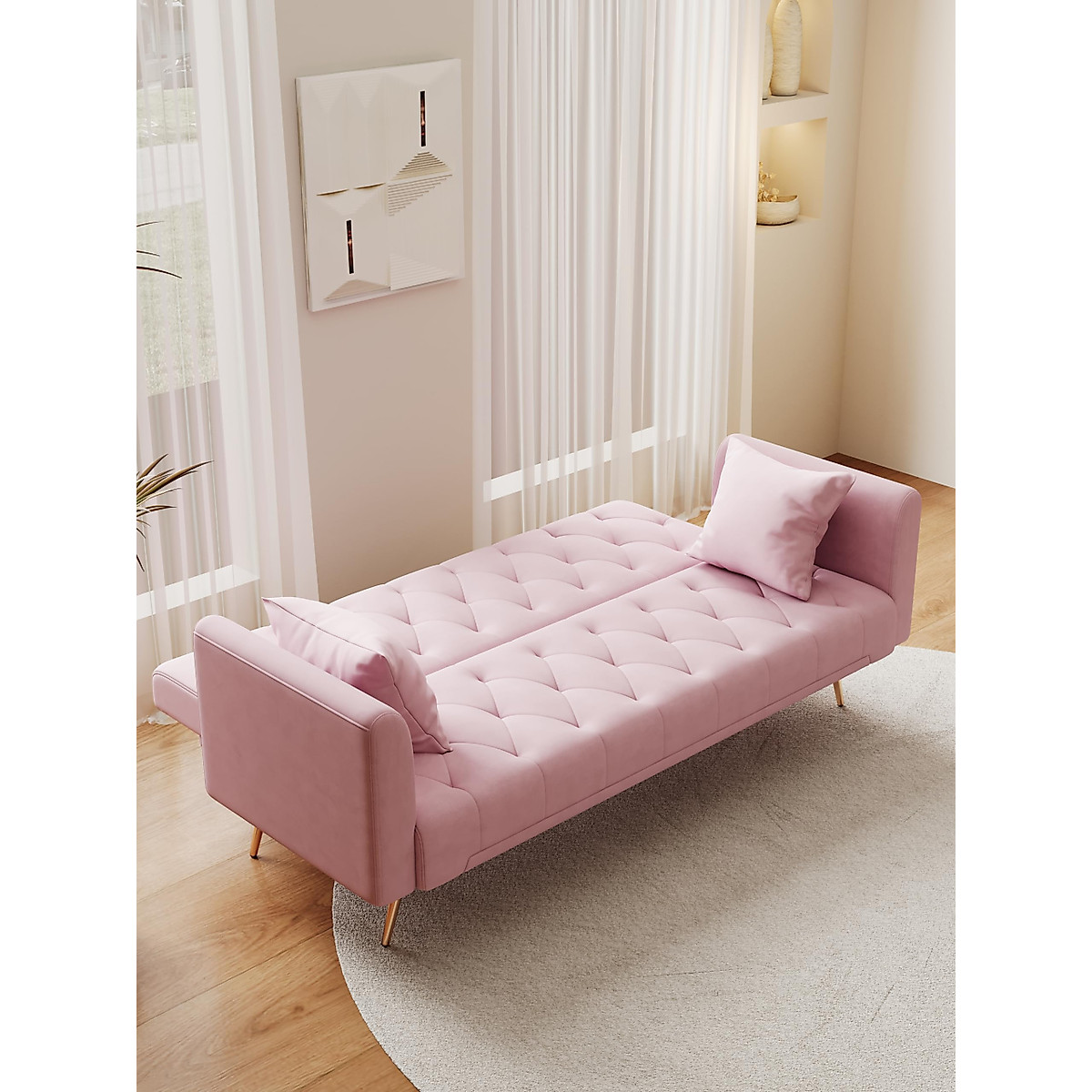 TZXTW Comfy Loveseat with Adjustable backrest,Convertible Sleeper Sofa Bed with Gold Leg and 2 Pillows,Upholstered Futon Sofa,Small Couches for Small Spaces,Living Room,Bedroom,Apartment,Office,Pink