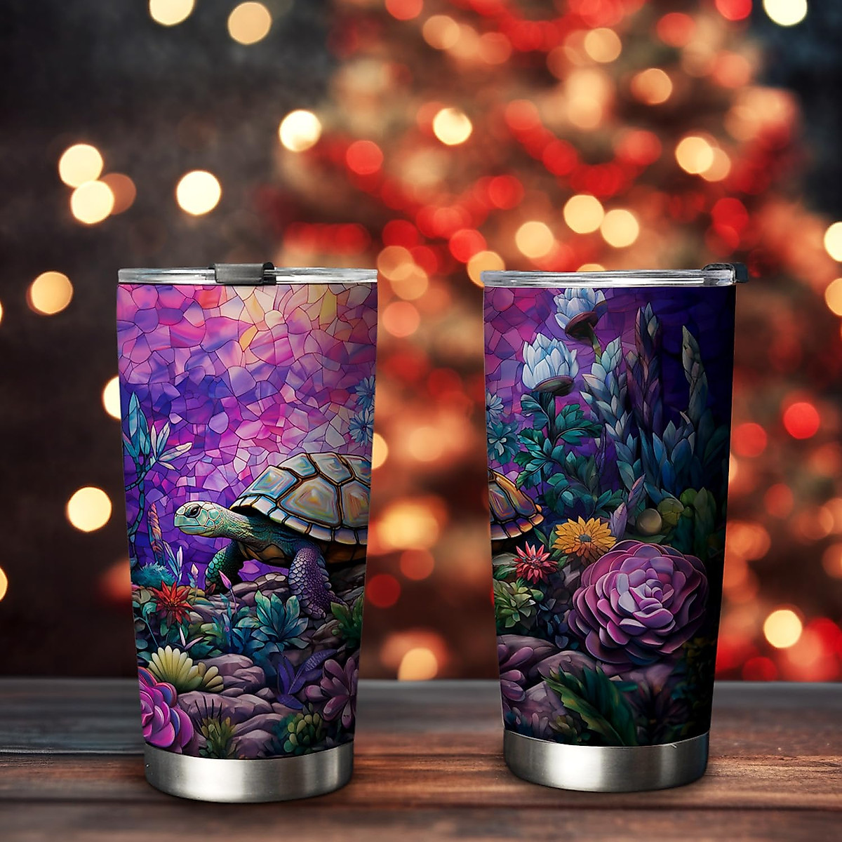 20oz Purple Stained Glass Flower Sea Turtle Tumbler, Gifts for Turtle Lovers, Ocean, Beach Gifts, Coffee Thermos for Women, Stainless Steel Double Wall Vacuum Insulated Coffee Mug, Travel Cup with Lid
