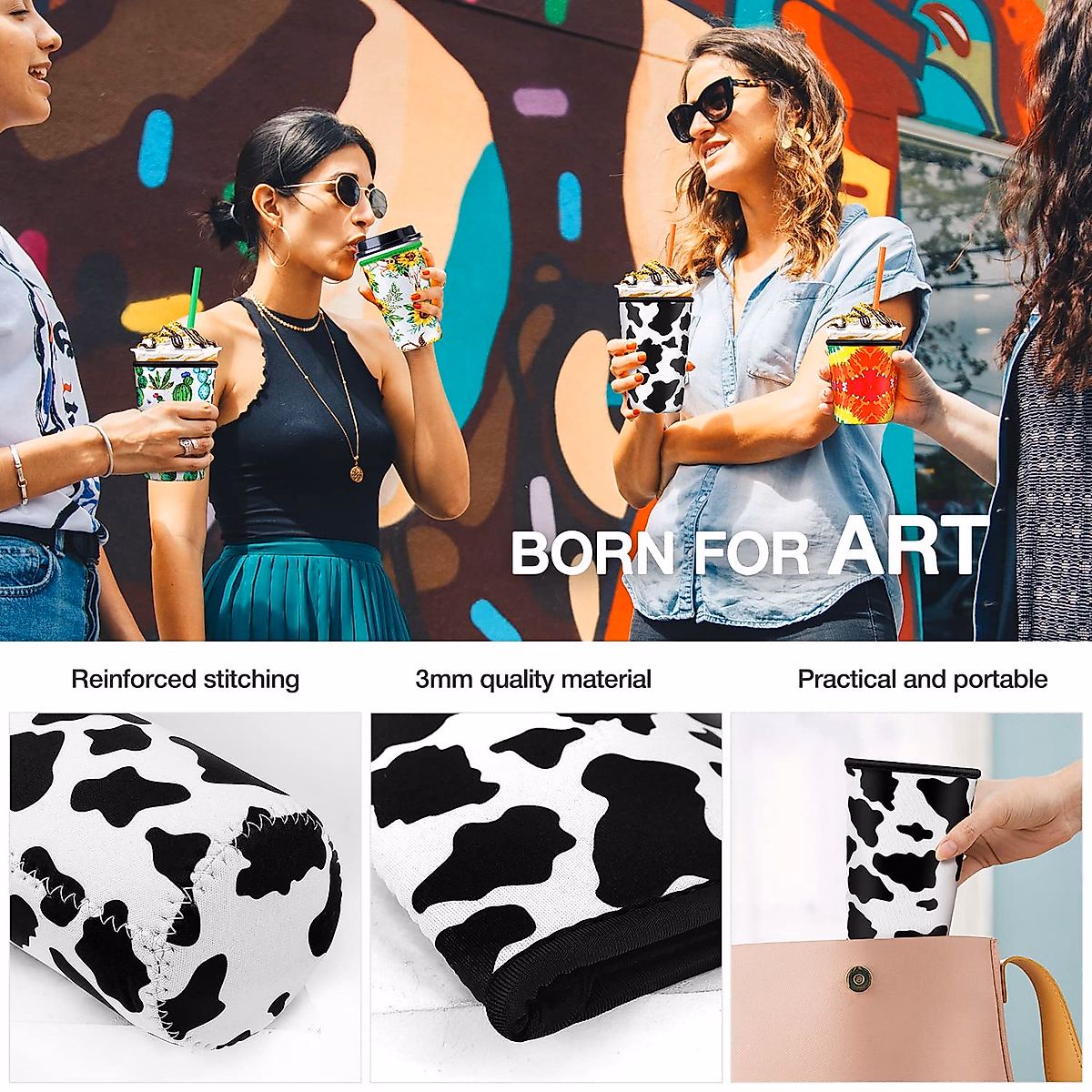 Iced Coffee Cup Sleeve for Large Sized Cups, Reusable Neoprene Iced Coffee Cup Holder for Hot Cold Drinks, Compatible with Starbucks, Dunkin Donuts, and More (3 PK Sm-Med-Lg, Cow)