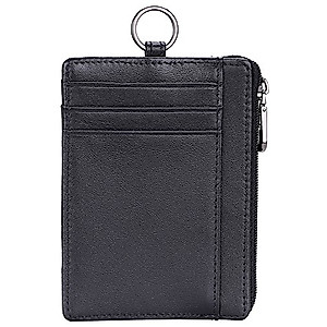 kinzd Slim Minimalist Zipper Credit Card Holder Leather Front Pocket Wallet with Keychain Ring Lanyard Strap