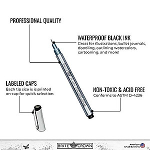 Brite Crown Drawing And Sketching Pens Set - 10 Black Fineliner Pens 0.2mm To 1.0mm Width Tips & 2.5mm Micro Calligraphy Brush-tip Pen, Ideal Gift Idea For Artists And Beginners