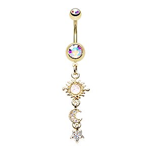 Pierced Owl 14GA Golden Sun Moon and Star Celestial Dangle Stainless Steel Navel Belly Button Ring