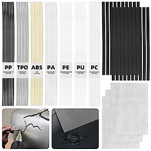 Mardatt 75Pcs 13" Plastic Welding Rods Assorted Set with Stainless Steel Mesh, 8 Types PP PU ABS PE TPO PA PC Plastic Welder Repair Rods Welding Strips for Auto Car Bumpers Kayak Repairs