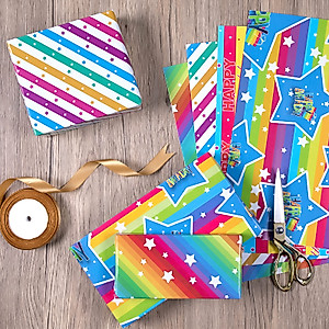 PlandRichW Rainbow Wrapping Paper Folded for Kids Boys Girls Birthday with Rainbow Star Stripe Line Happy Birthday 4 Designs for Baby Shower, Party, Precut 12 Sheets Each 20"x29"