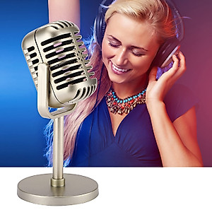 Facmogu Retro Microphone Props Model, Vintage Prop Mic, Fake Plastic Microphone Stage Table Ornament for Halloween Wedding Birthday Party Decoration - Gold