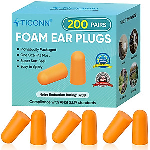 TICONN 200 Pairs Ear Plugs, 32dB Noise Reduction Earplugs for Sleeping Hearing Protection Travel Study Concentration Construction Site (200 Pairs)