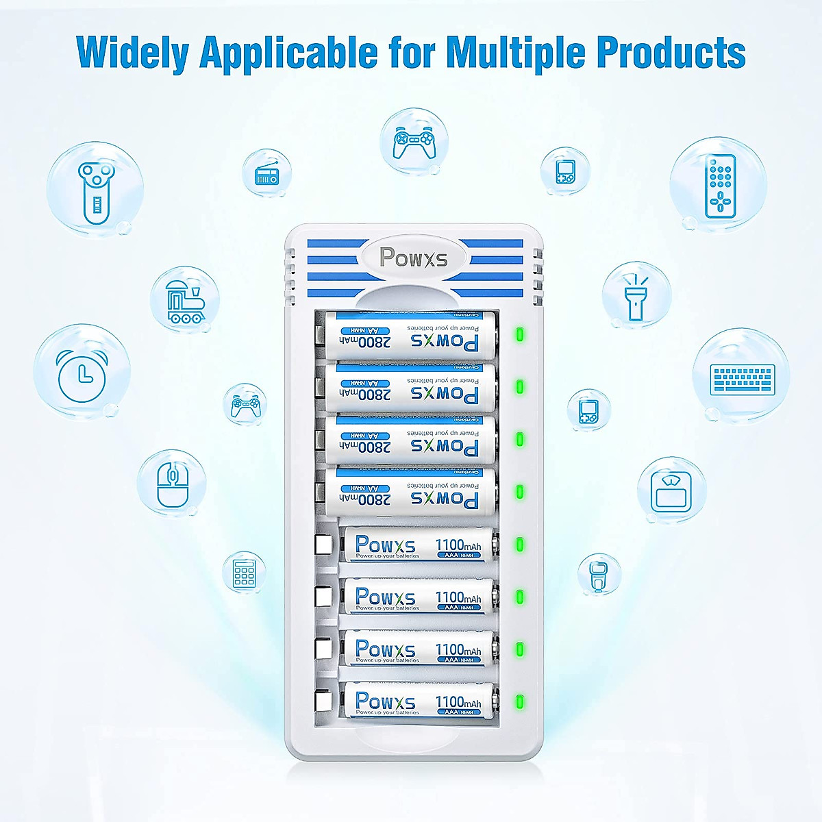POWXS 8 Bay AA AAA Batteries Charger, Independent and Fast Battery Charger for 1.2V Ni-MH Ni-CD AA Triple AAA Rechargeable Batteries with Convenient USB Cable