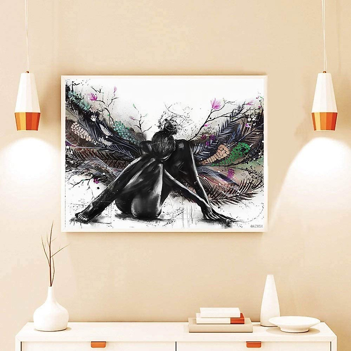 QAZWSX African American Diamond Painting Kits for Adults, Diamond Painting African American Black Art Abstract Black Girl with Angel Wings for Home Wall Decor 30 x 40 cm