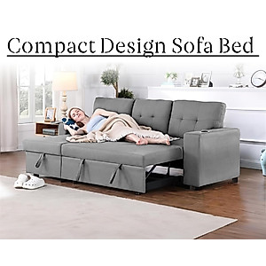 yoyomax L Shaped Sofa-82'' Sectional Sofa with Storage Chaises & Cup Holders, Pull Out Bed & Storage Space for Living Room, Apartment and Office, Light Grey(Left)