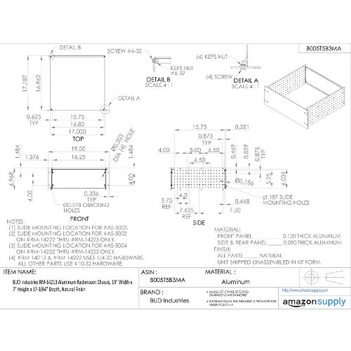 BUD Industries RM-14213 Aluminum Rackmount Chassis 19" L x 17.19" W x 6.97" H, Natural