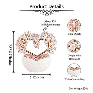 Jovivi Rose Quartz Crystal Heart Money Tree Healing Gemstone Bonsai Ornament for Wedding Ceremony Reiki Balancing Energy Meditation Feng Shui Wealth & Good Luck Home Indoor Office Decor 7.87"-8.26"