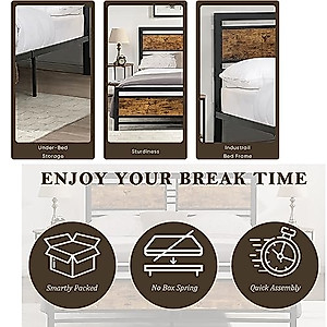 AnwickNomo Queen Size Metal Platform Bed Frame with Wooden Headboard and Footboard, Heavy Duty Rustic Country Style Mattress Foundation with Strong Slat Support, No Box Spring Needed, Noise-Free