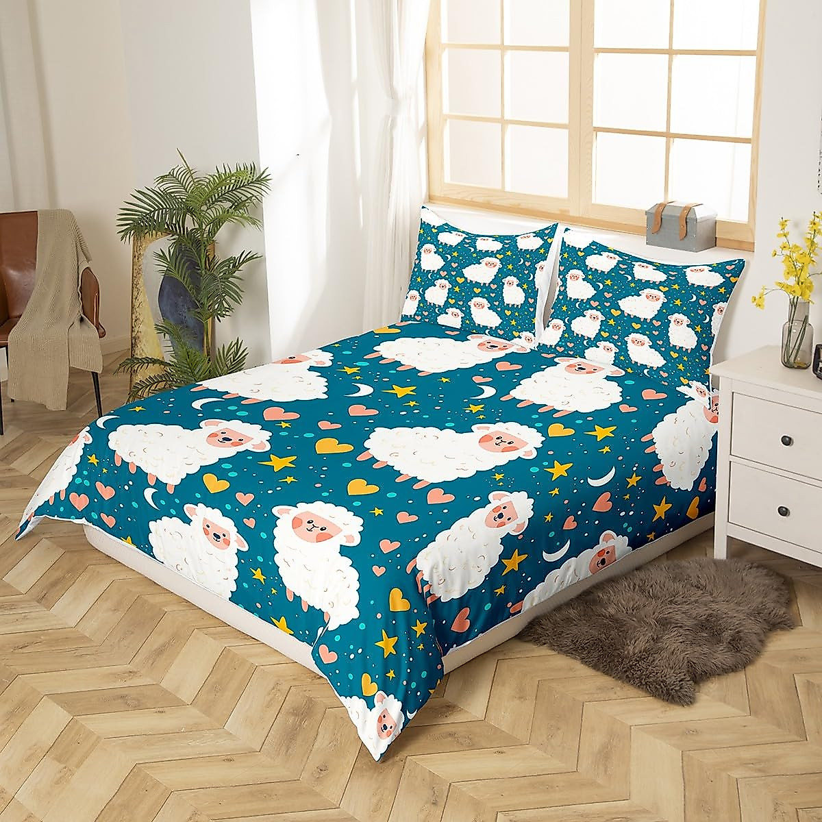 Castle Fairy White Sheep Pattern Bedding Sets Queen Colorful Spots Love Deying Comforter Cover for Kids Microfiber 3 Pieces Duvet Sets(1 Duvet Cover 2 Pillow Cases),No Comforter