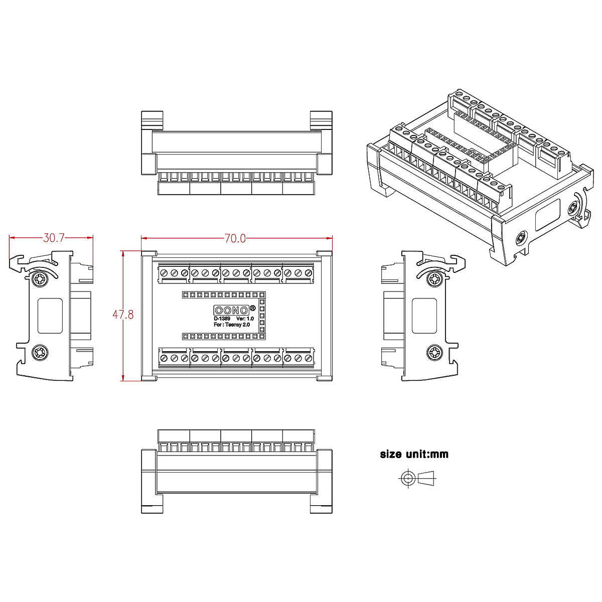 Terminal Block Breakout Board Module for Teensy 2.0, DIN Rail Mount Version