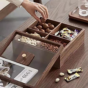 Show Box Solid Black Walnut Wood Snack Storage Container Collectable Box Case for Candy and Nuts with Glass Lid Cover Top, 4 Compartments S