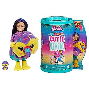 Barbie Cutie Reveal Chelsea Small Doll, Jungle Series Toucan Plush Costume, 7 Surprises Include Mini Pet & Color Change
