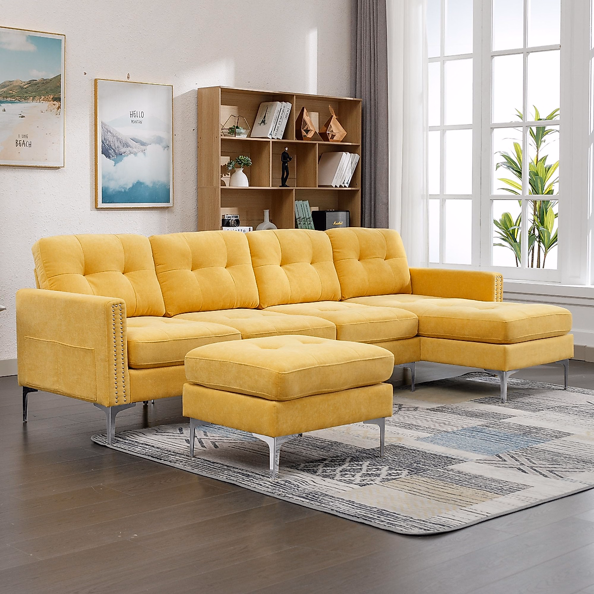 FIQHOME Living Room Furniture Sets,110" Reversible Sectional Sofa,U/L Shaped Couch with Movable Ottoman,Modular Oversized Sofá w/Lounge Chaise for Home,Office,Apartment,Dorm,Yellow