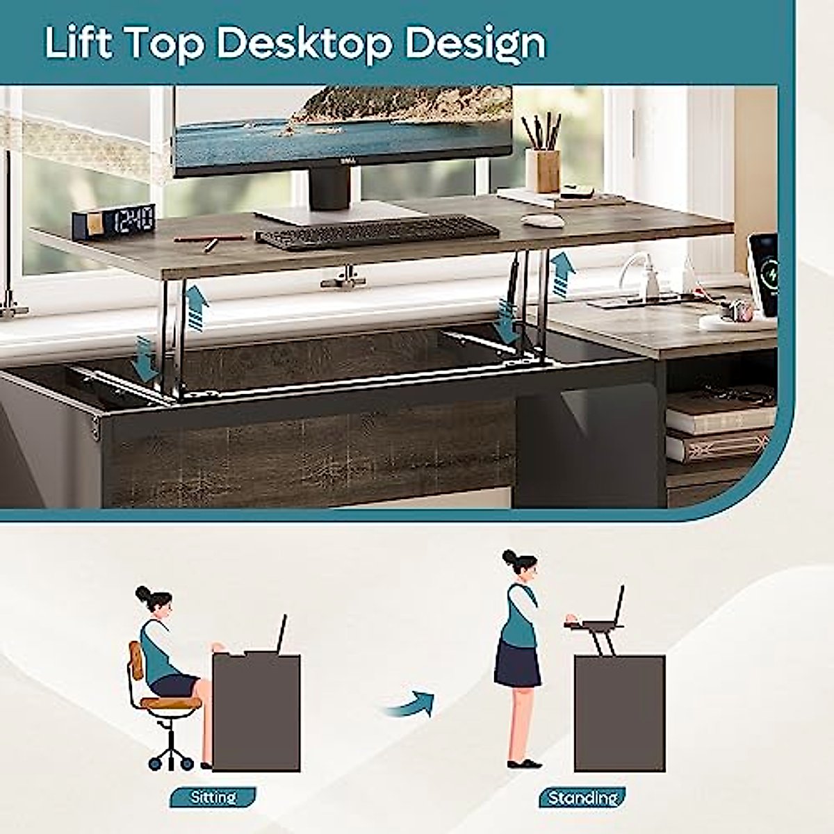 Bestier Lift Top Computer Desk with File Drawer, 60" Large Office Desk with Power Outlet USB Port Built in Writing Study Computer Table with Storage Workstation for Home Office Bedroom, Gray