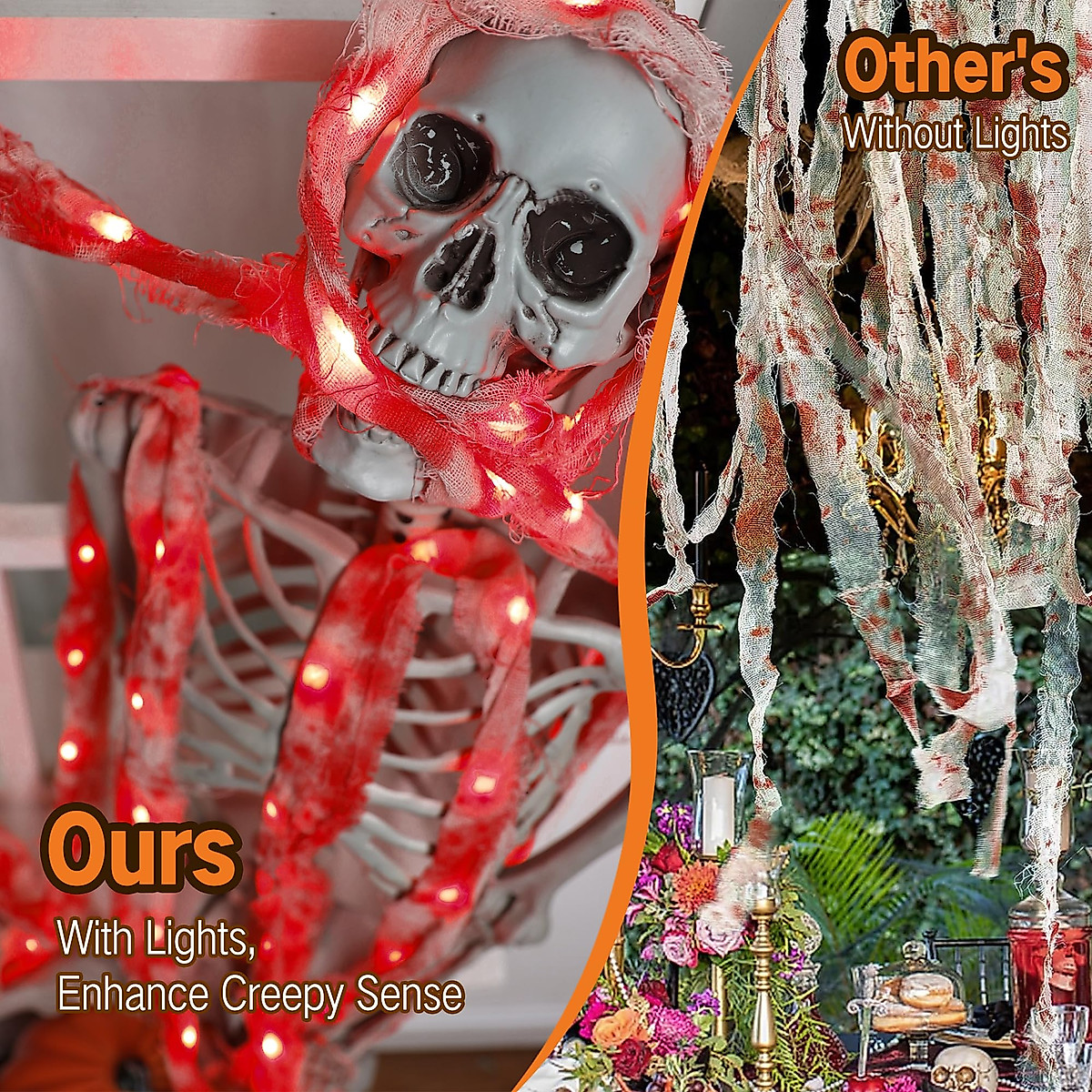 Brizled Lighted Halloween Creepy Blood Gauze Cloth, 16.4ft 50 LED Bloody Cloth Halloween String Lights, Steady ON/Twinkle Spooky Fabric Bloody Strip with Lights Haunted House Staircase Windows Decor