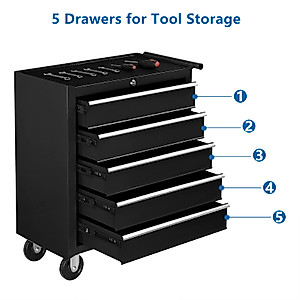 TUFFIOM 5-Drawer Rolling Tool Chest w/Lock & Key, Tool Storage Cabinet with Wheels, Top Cushion & Drawer Liners, Tool Organizer Box for Garage, Warehouse & Repair Shop, Black