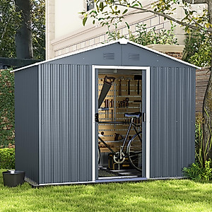 IRONMAX Outdoor Storage Shed with Floor, 7 x 5 FT Galvanized Steel Garden Shed Cabinet with Double Sliding Door & Air Vent, Utility Metal Tool Storage Shed House for Garden, Backyard, Patio, Lawn