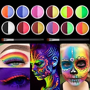 24 Colors Face & Body Paint with 2 Brushes UV Blacklight Neon Rainbow Face Painting Kit for Kids Adult Water Activated Graphic Eyeliner Glow In The Dark for Halloween, Cosplay, Parties & Stage Makeup