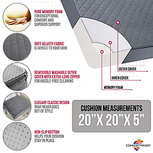 Large 20x20x5 Soft Memory Foam Chair Seat Cushion for Recliner, Couch, Armchair with Velvety Washable Cover, Non-Slip Base for Tailbone Pain & Pressure Relief - Floor Cushion - Gray