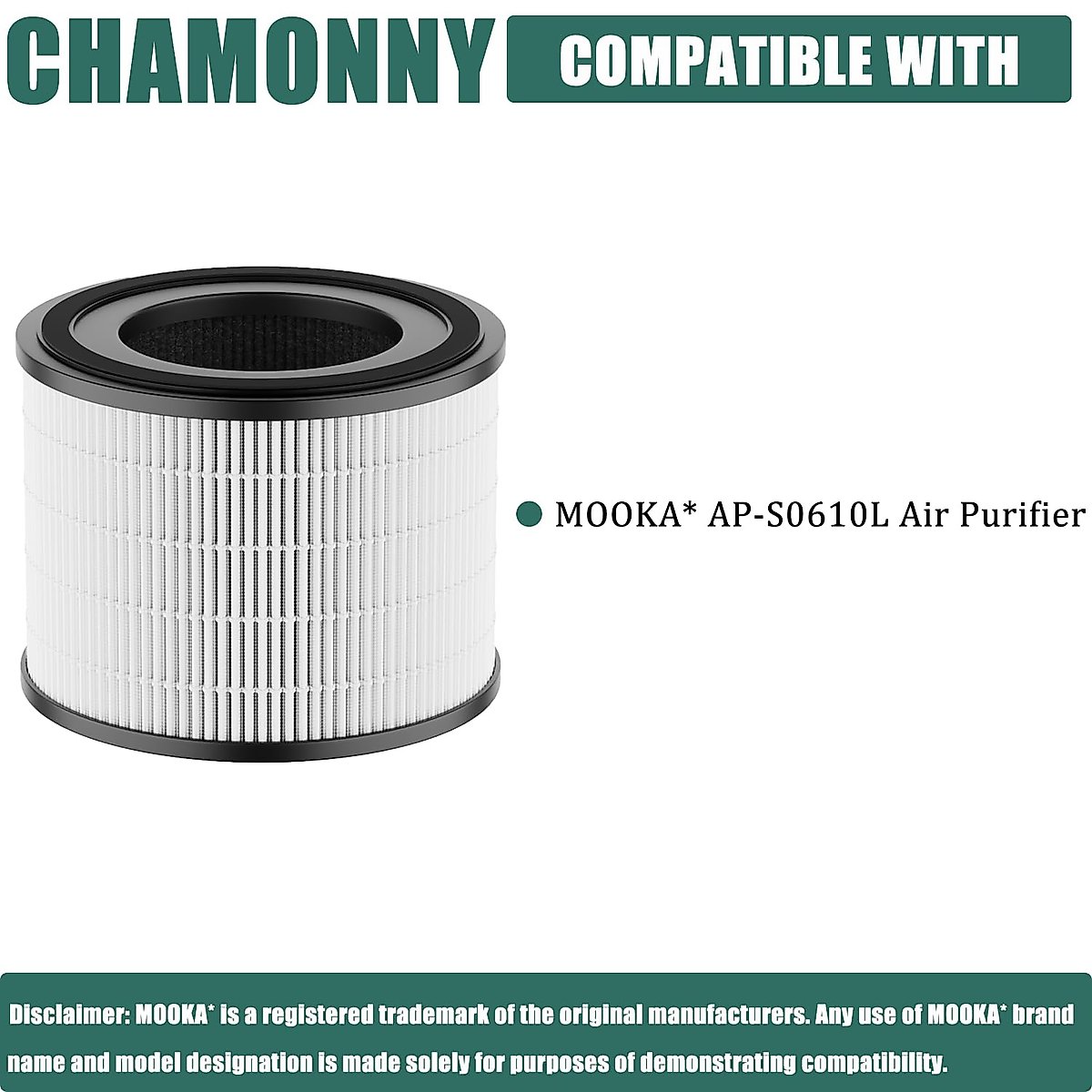 CHAMONNY AP-S0610L Filter Replacement, Compatible with MOO-KA AP-S0610L Air Purifier, 3-in-1 H13 True HEPA Filter and Activated Carbon Filter, 2 Pack
