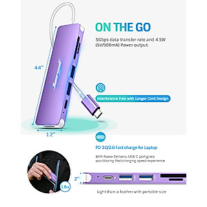 Hiearcool 7IN1 USB C Adapter, USB C Hub-(Grey and Purple)
