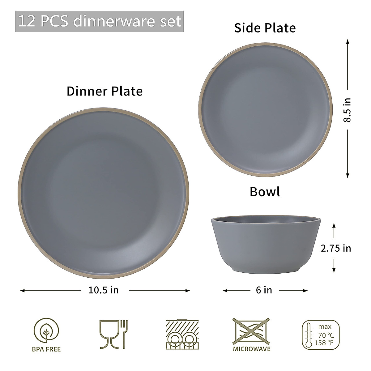Gufaith Melamine Dinnerware Sets for 4, Plates and Bowls Sets 12 Piece, Melamine Plates, Plate Sets, Dish Set for 4, Unbreakable Dinnerware Set, BPA Free, Suitable Indoors and Outdoors (Light Grey)
