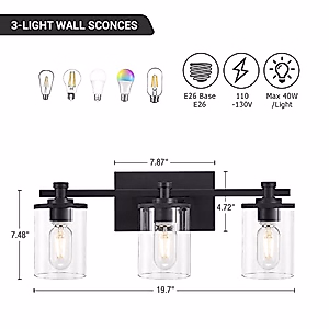 diniluse Bathroom Vanity Light 3-Light, Black Bathroom Light Fixtures with Clear Glass Shade, Vintage Bathroom Vanity Lights, Modern Wall Sconce for Bathroom, Living Room, Hallway, Bedroom