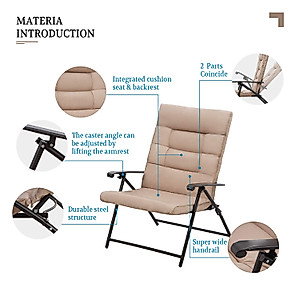 SUNCROWN 3-Piece Outdoor Furniture Patio Padded Folding Chair Set Patio Bistro Set Foldable Adjustable Reclining Lounge Chair with Coffee Table, Khaki