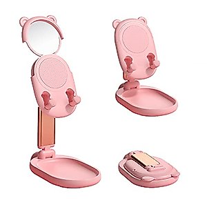 SOARCHICK Cute Bear Foldable Phone Stand for Desk Portable Cell Phone Holder with Makeup Beauty Mirror Adjustable Height Angle Kawaii Office Supplies Pink Desk Accessories for Women Girls Gifts