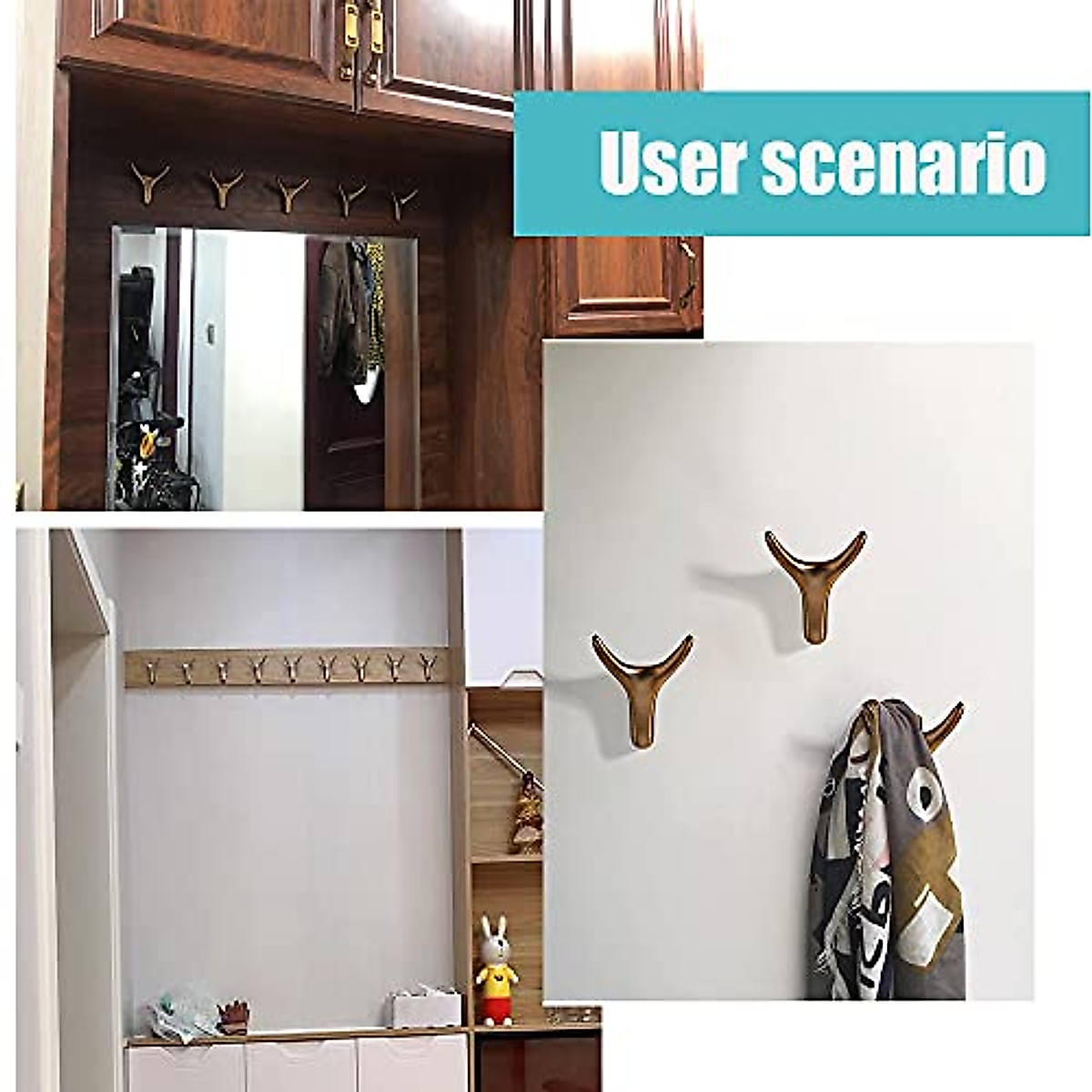 Exxacttorch 2 Pack Bull Horn Wall Mounted Hat Towel Bag Hanger, Traceless Decorative Art Coat Hooks, Solid Zinc Alloy Wall Hooks Double Prong Holder for Keys, Umbrella, Matte Brass