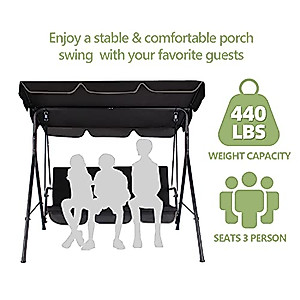Funny Sunny 3 Seat Porch Swing Chair with Canopy - Outdoor Patio Swings with Adjustable Canopy and Removable Cushion, Durable Steel Frame Swing Best for Patio, Garden, Yard, Black
