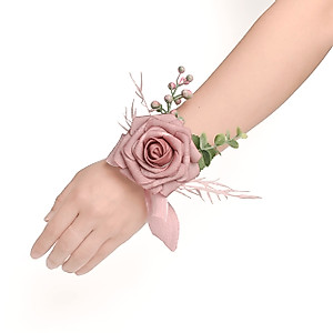 ANNKIN Dusty Rose Corsage and Boutonniere Set, Rose Boutonniere for Men Wedding, Prom Artificial Flower Wrist Corsage Bracelets, Homecoming Corsage Wristlet, Flowers Accessories Prom Suit Decorations