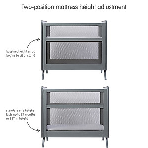 BreathableBaby Breathable Mesh 2-in-1 Mini Crib with Mattress — Gray — Two Adjustable Mattress Heights — Greenguard Gold Certified