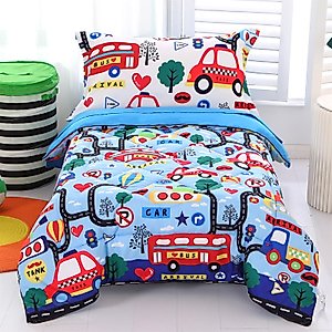 Wowelife Car Toddler Bedding Sets for Boys Blue, Premium 4 Piece Car Toddler Bed Sets for Boys and Girls, Super Soft and Comfortable for Toddler(Transportation)