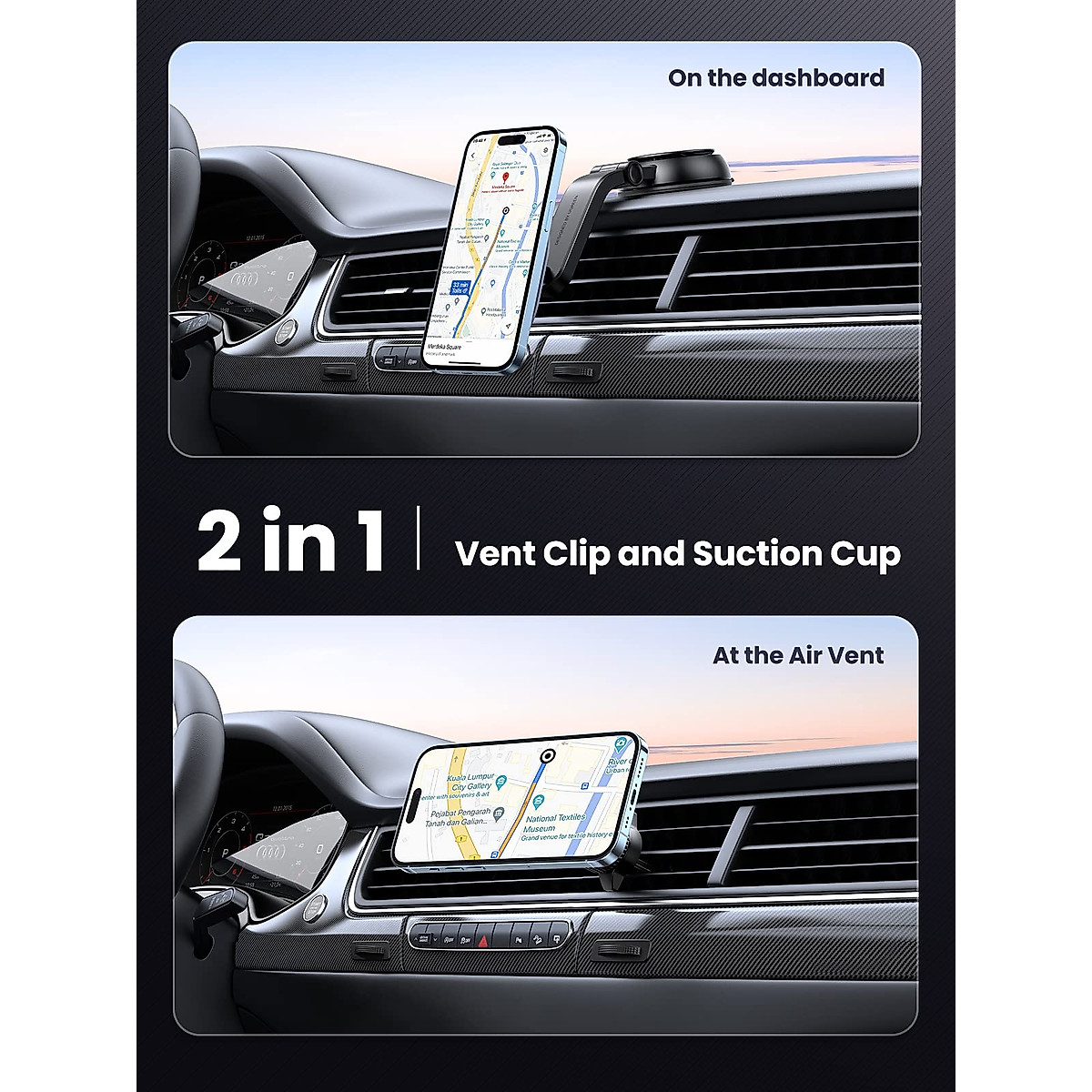 UGREEN Magnetic Wireless Car Charger Mount, Compatible with iPhone 15/14/13/12 Series Car Mount, Built-in 18 N52 Magnets, 11N Strong Magnets, Car Magnetic Phone Mount Charger