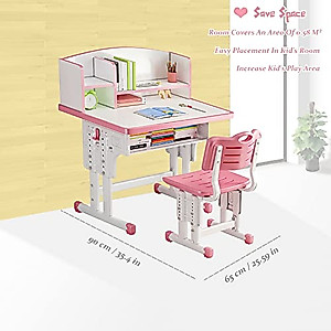 WGLAWL Kids' Table Chair Sets, Kids' Desks Chair, Height Adjustable Ergonomic Children Study Desk Table Computer Workstation with Large Storage Drawer Built-in Bookshelf, Kids Bedroom Furniture