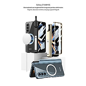 BAILI Galaxy Z Fold4 Magnetic Case,Support Magsafe and Wireless Charger for Z Fold 4,Ultra -Magnetic Suction Z Fold4 Case with Kickstand & S Pen Holder Adapts Vehicle Bracket Clear Mirror Cover Black