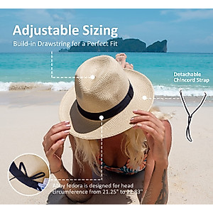 Joywant Abby Straw Sun Hat for Women with UV Protection Wide Brim Wind Lanyard,Travel Foldable Summer Beach Hat Panama Fedora-Beige