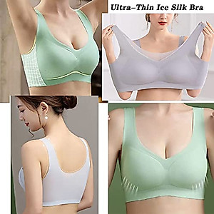 Ultra-Thin Ice Silk Bra, Plus Size Comfort Bra Silk Seamless Daily Sport Bras Beauty Back Yoga Bra with Removable Pads (Black+Blue, 5XL)