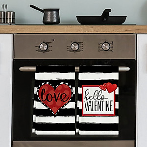 AnyDesign Valentine's Day Kitchen Towel Love Hello Valentine Dish Towel 18 x 28 Inch White Black Stripes Hand Drying Tea Towel for Wedding Anniversary Cooking Baking, Set of 2