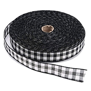 50 Yards Gingham Ribbon Wide Ribbon Taffeta Plaid Ribbon for DIY Craft Party Gift Christmas Supplies (3/8" Wide, Black White)