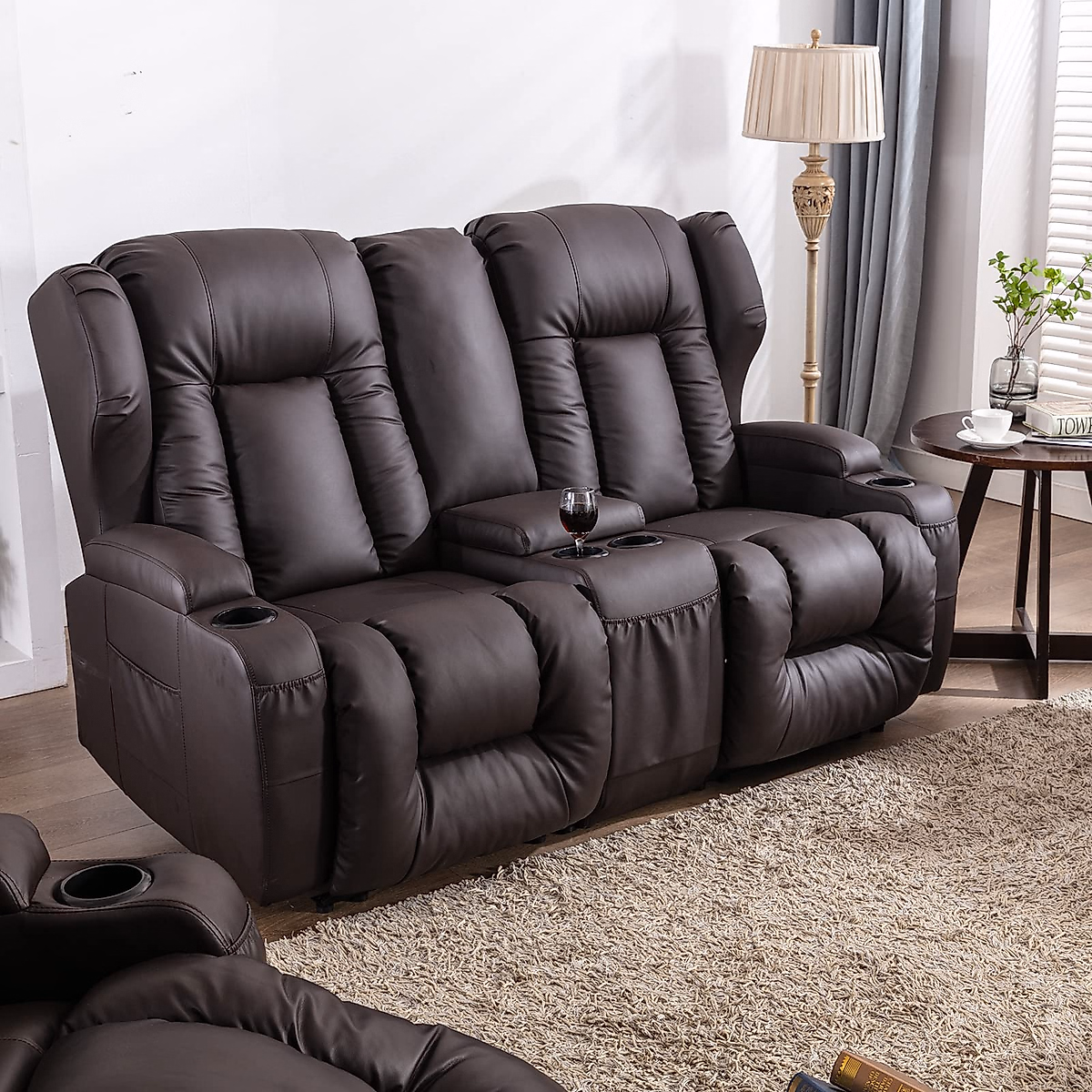 SAMERY RV Loveseat Recliner Sofa, Manual Reclining Loveseat with Console, 2 Seat Recliner Sofa Chair for Living Room RV Theater Recliner Love Seat with Cup Holders/Pockets/Pillows