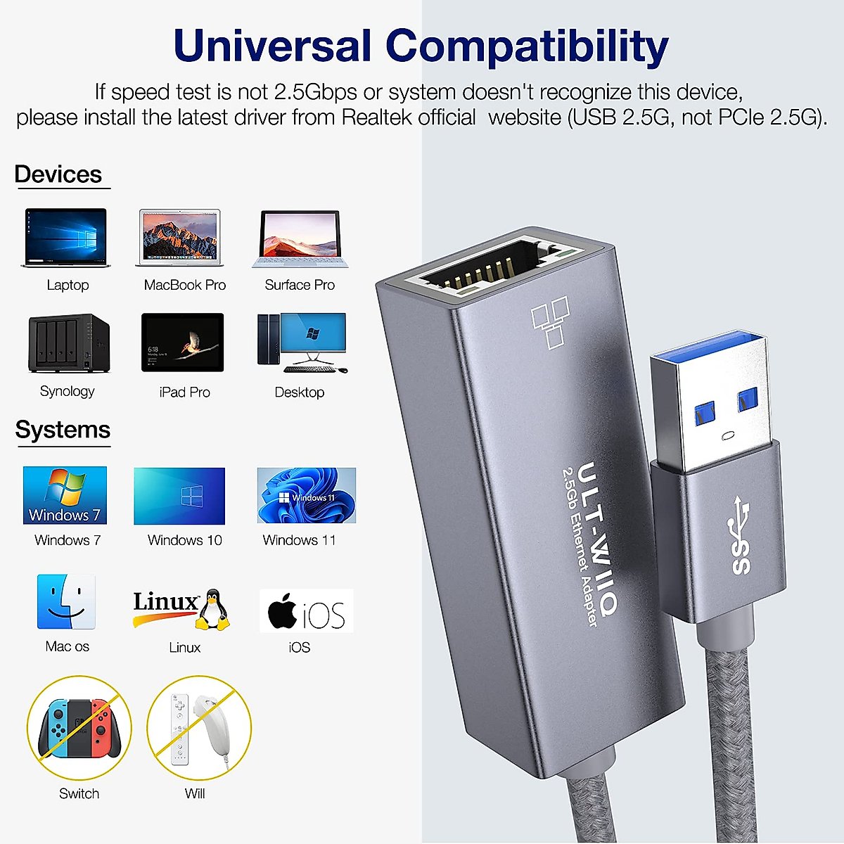 USB 2.5Gb Ethernet Adapter, ULT-WIIQ USB 3.0 to 2.5 Gigabit RJ45 LAN Network Adapter Cable, 10/100/1000/2500M Full Speed NIC for Mac OS, iOS, Windows, Linux, Dell XPS, Thinkpad X, Synology NAS, PC