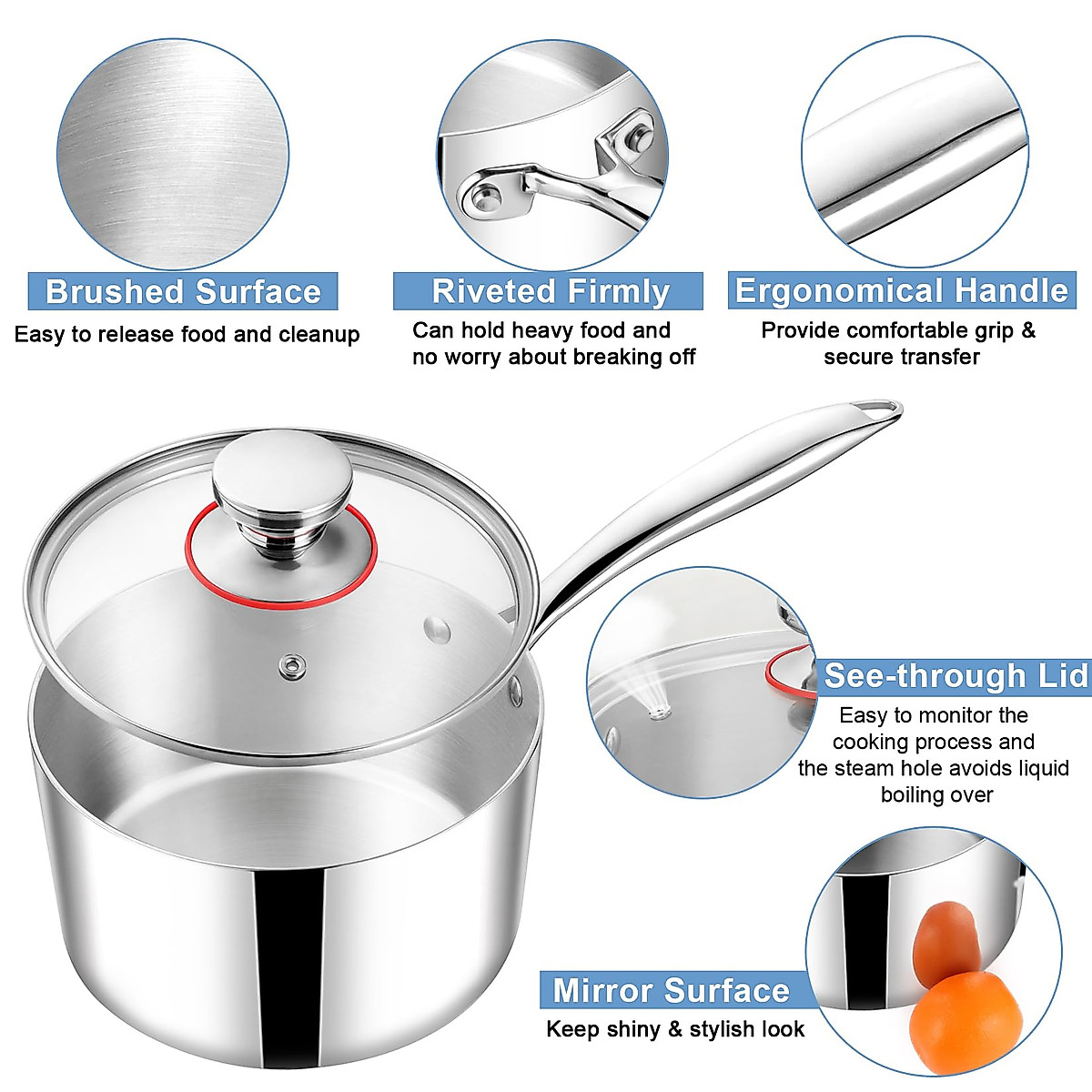 TeamFar 1qt Saucepan with Lid, Stainless Steel Tri-ply Small Cooking Pot Sauce Milk Pan with Ergonomic Handle, for Induction/Gas/Electric/Ceramic, Healthy & Heavy Duty, Dishwasher Safe