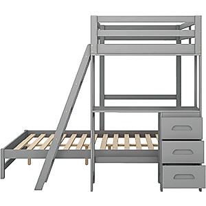 Bunk Beds Twin Over Full Size with Built-in Desk and Three Drawers, Wooden Storage Bunk Beds with Removable Bottom Bed ,Bunk Beds with Ladder & Guardrails for Kids Girls Boys ,Grey